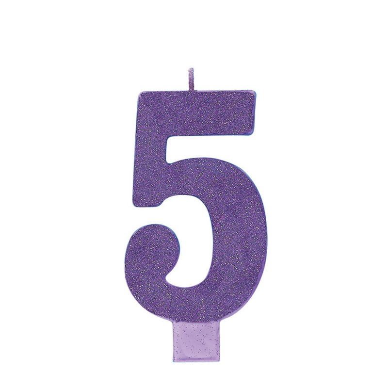 Number 5 Party Supplies - Candle Large Glitter Purple 13cm