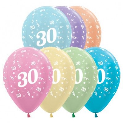 Teardrop Satin Pearl Multi Col 30th Birthday Latex Balloons 30cm 25pk
