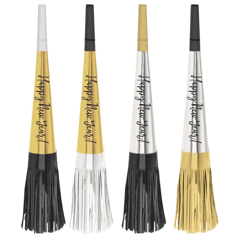 Black, Silver & Gold Happy New Year Fringed Foil Horns