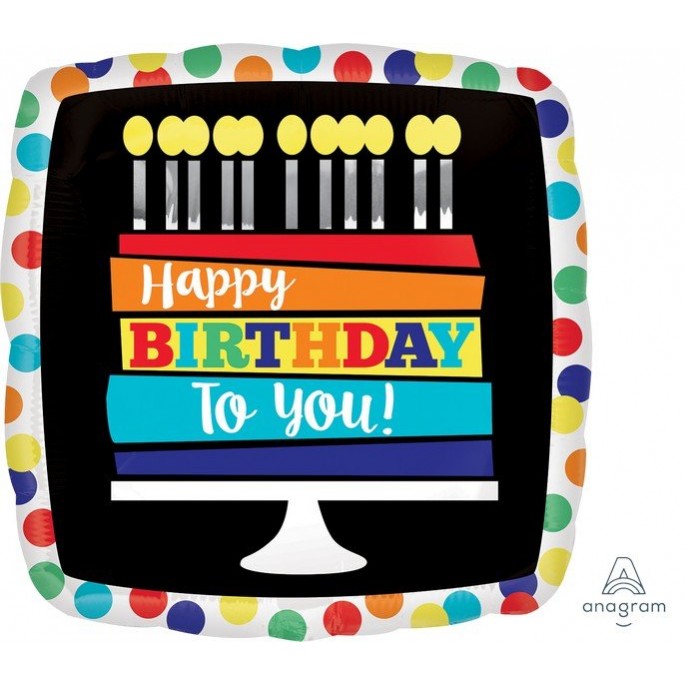 Square Happy Birthday Rainbow Cake Standard HX Shaped Balloon 45cm