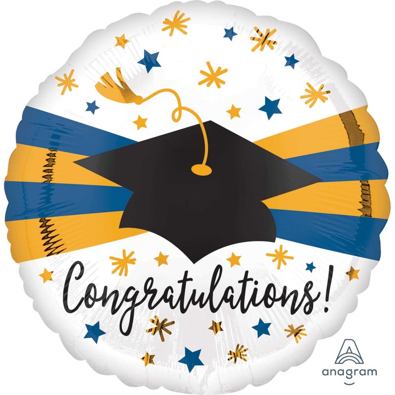 Round Graduation Jumbo HX Blue & Gold Congratulations! Foil Balloon