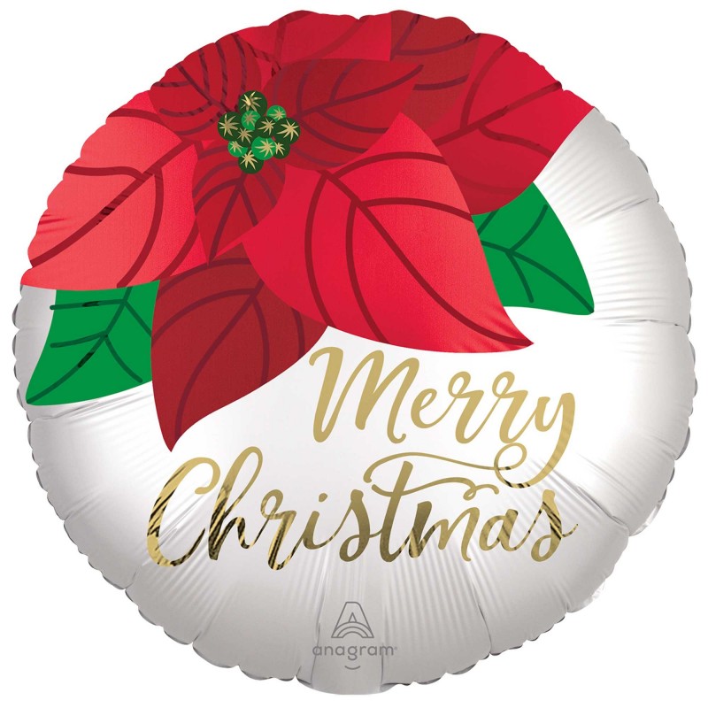 Merry Christmas Poinsettia Satin Round Foil Balloon Item