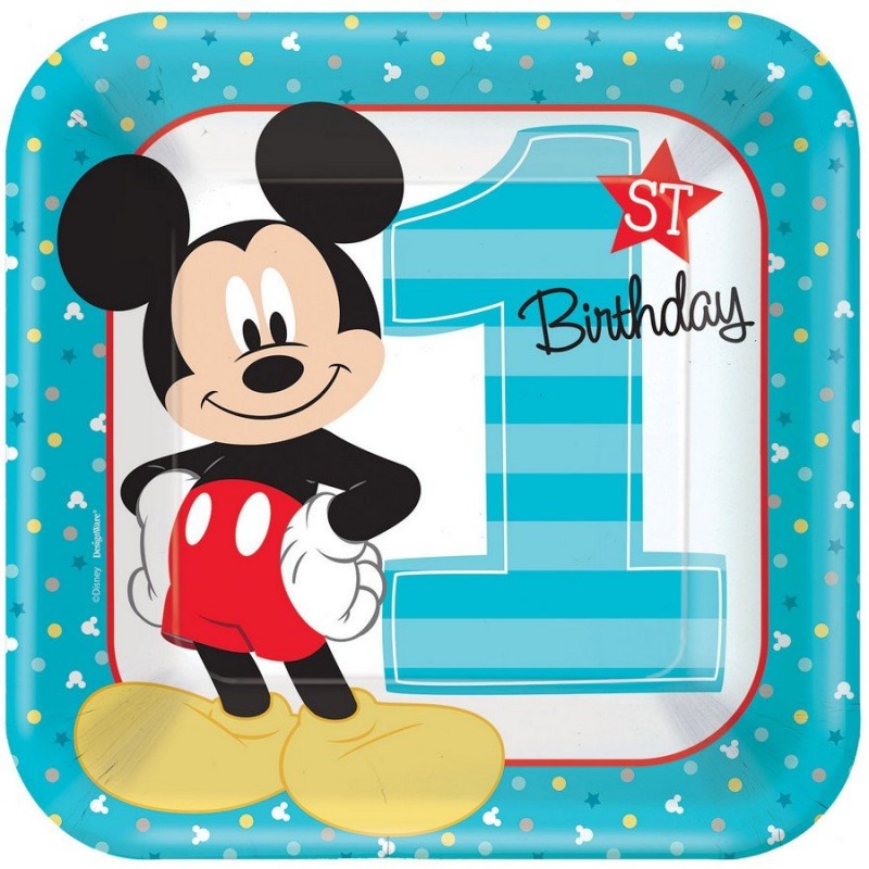 Square Mickey Mouse 1st Birthday Fun To Be One Dinner Plates 23cm 8pk