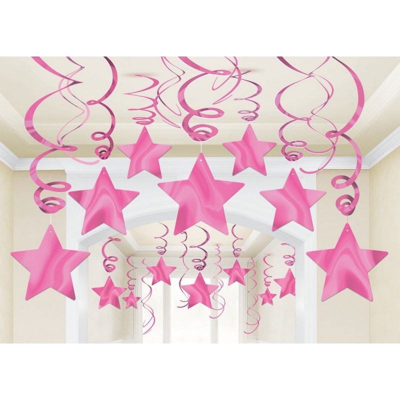 Bright Pink Shooting Stars Swirls Hanging Decorations 45.7cm 30pk