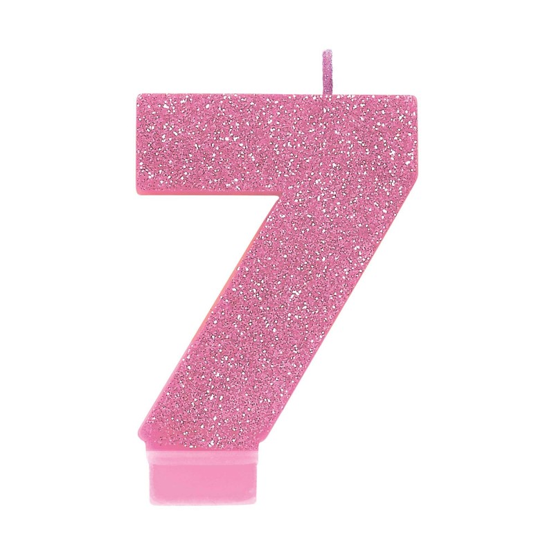 Number 7 Party Supplies - Candle Pink Glitter 8cm