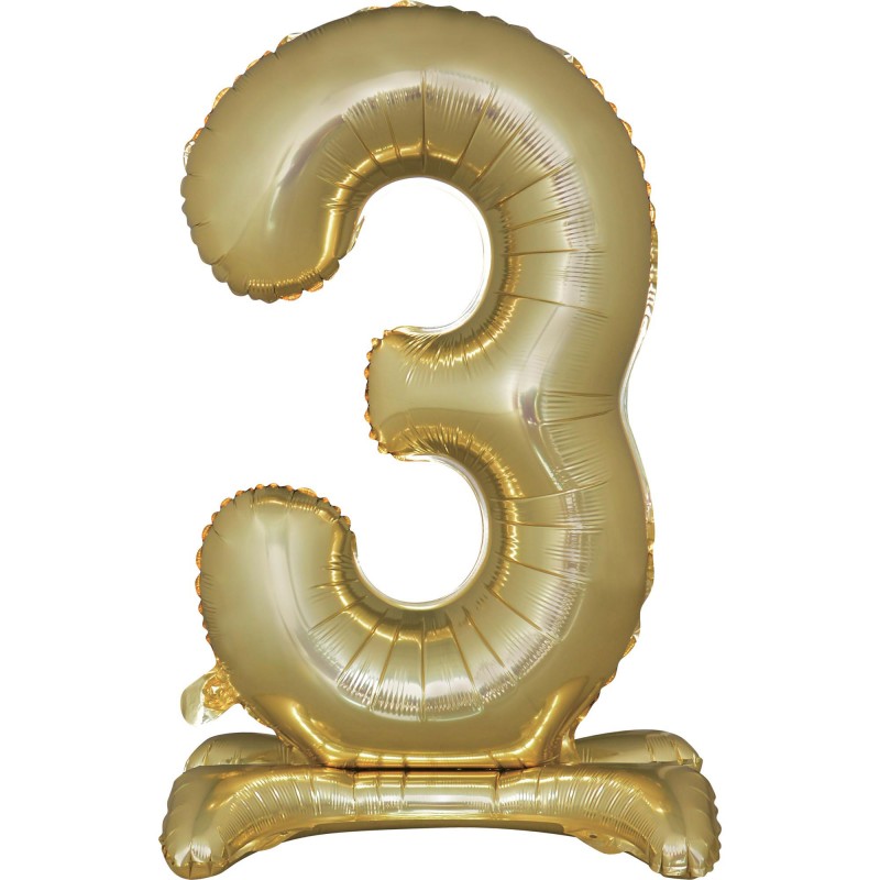 Number 3 Large Standing White Gold Shaped Balloon - 76cm