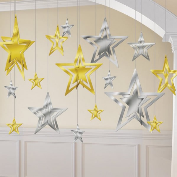 Multi Colour Hanging Decorations Gold & Silver Stars Pack of 16