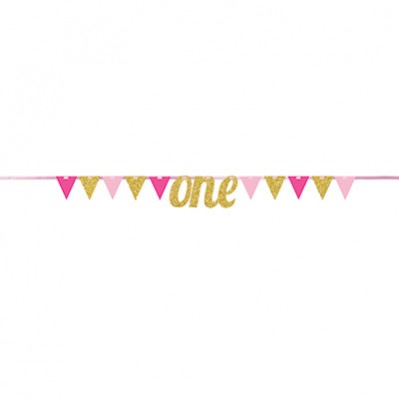 Number 1 Party Decorations - Pennant Banner Glittered Gold & Pink