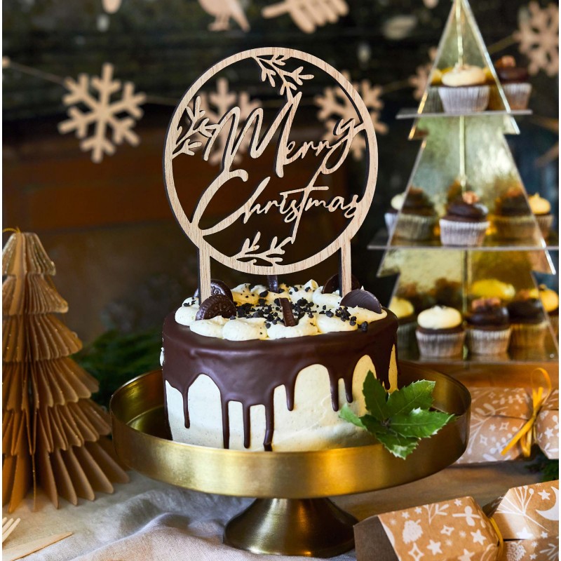 Merry Christmas Festive Folklore Wooden Cake Topper