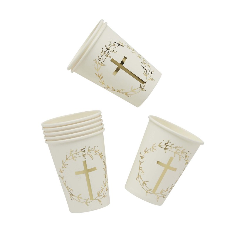 Christening Gold Cross Paper Cups | Express Party Supplies