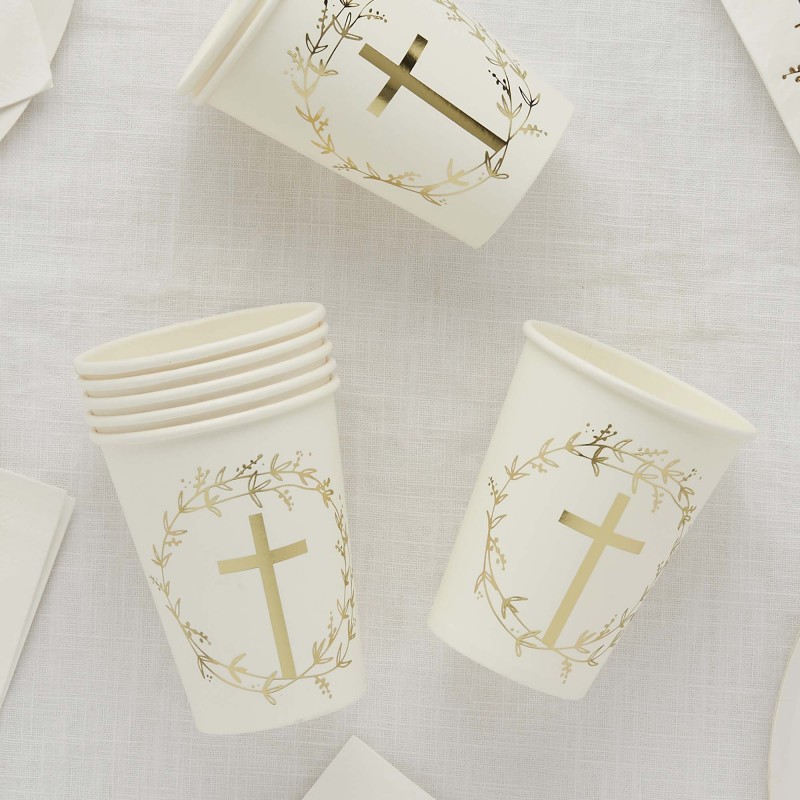 Christening Gold Cross Paper Cups | Express Party Supplies