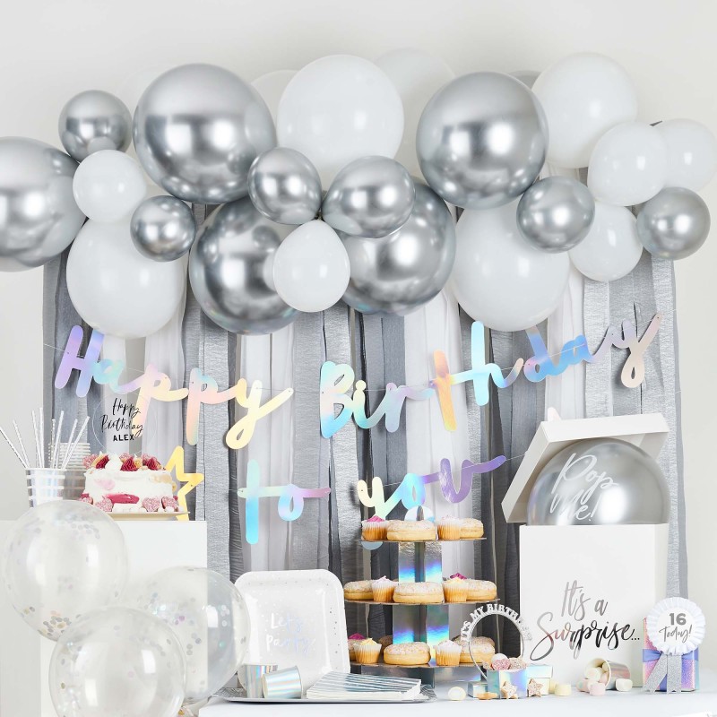 Silver Metallic Mix Up Balloon & Streamer Backdrop Kit Item