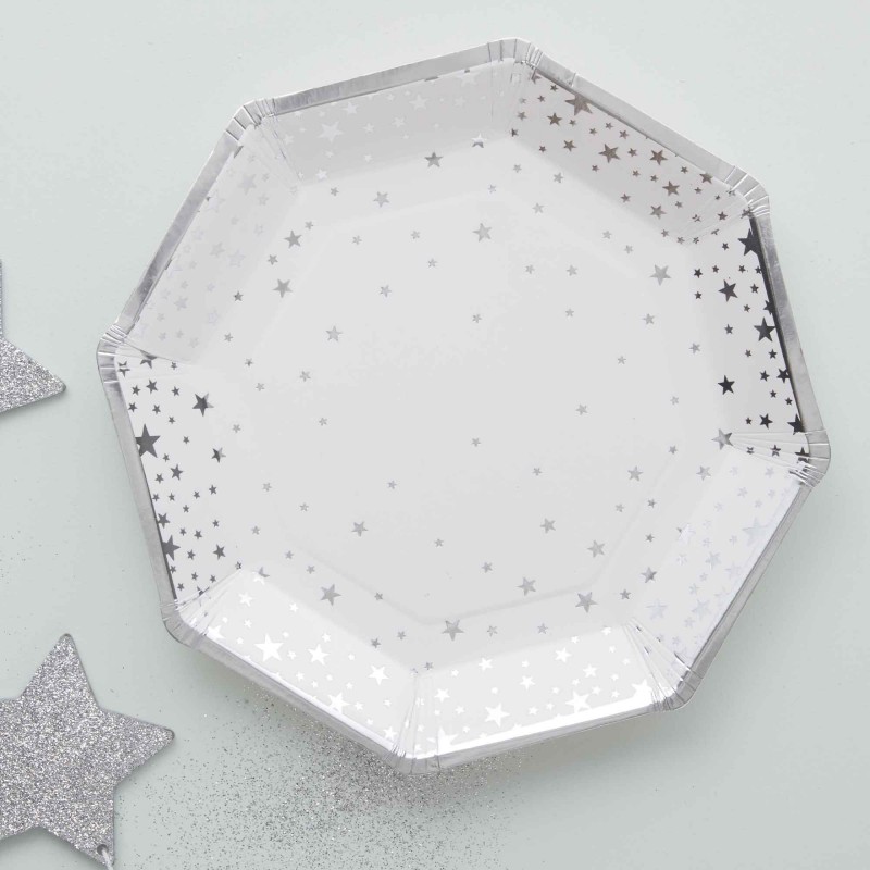 Metallic Silver Stars Dinner Plates | Express Party Supplies
